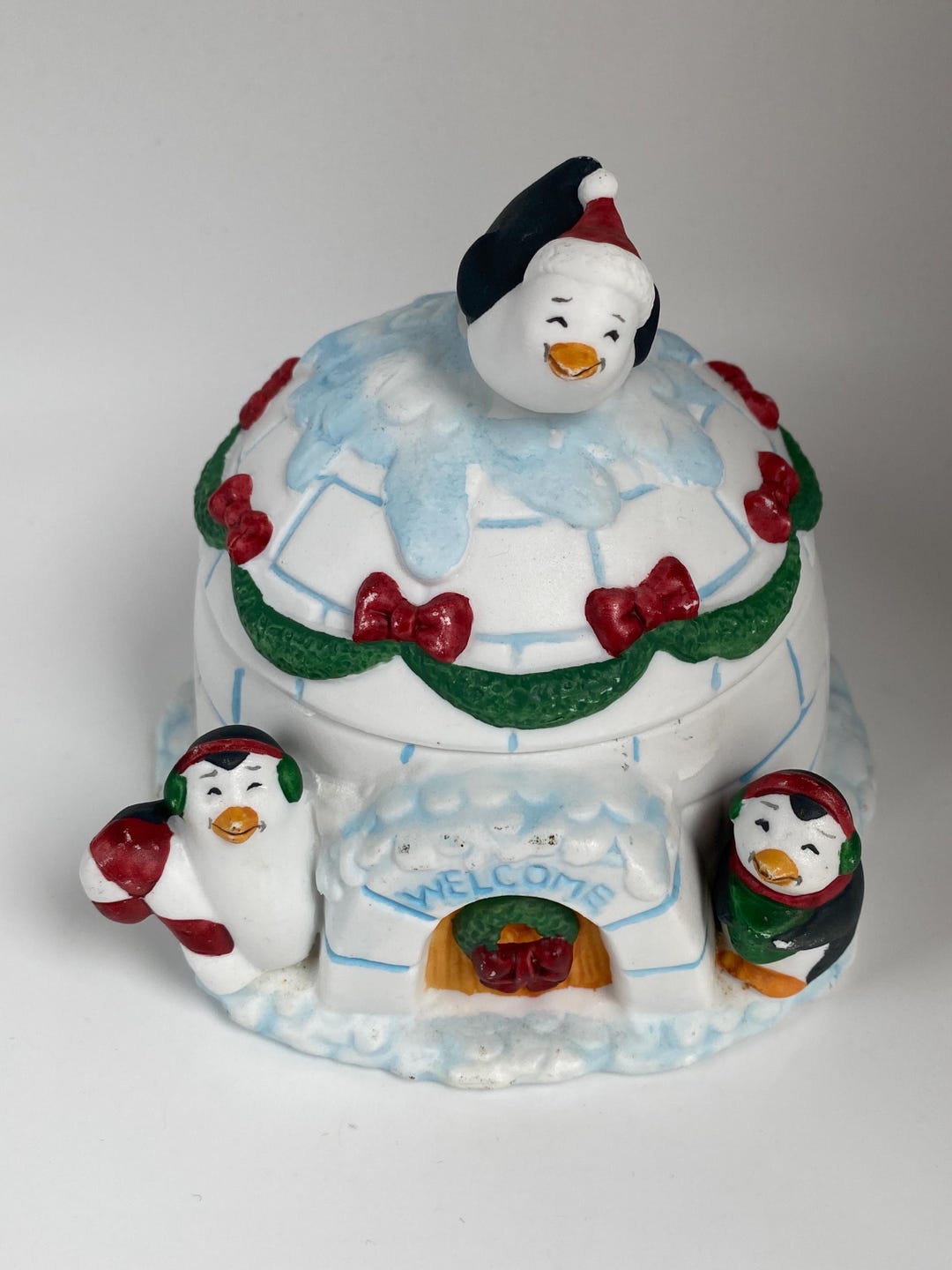 Vintage Figi’s Penguin Igloo Trinket Box / Sugar Bowl, Penguin Family Trinket Box Christmas ...
