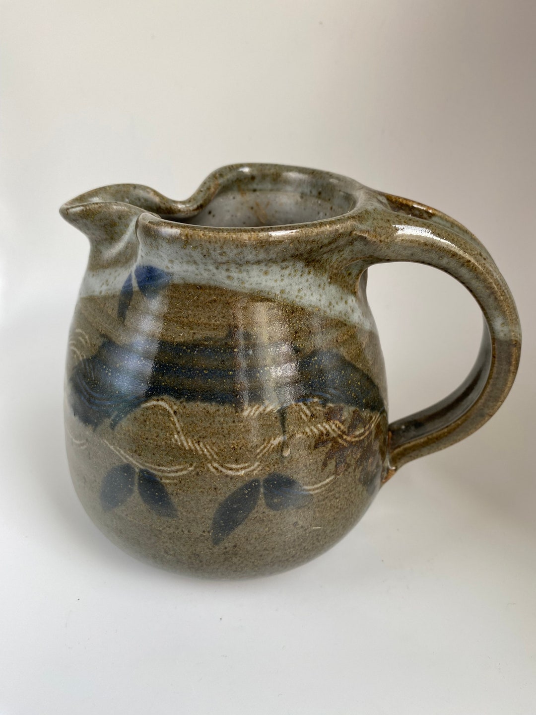 Beautiful and Unique Stoneware Pitcher, Green Glazed Stoneware Leaves ...