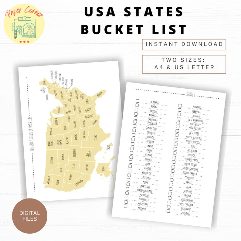 Printable 50 USA States Bucket List Checklist & Map - Etsy