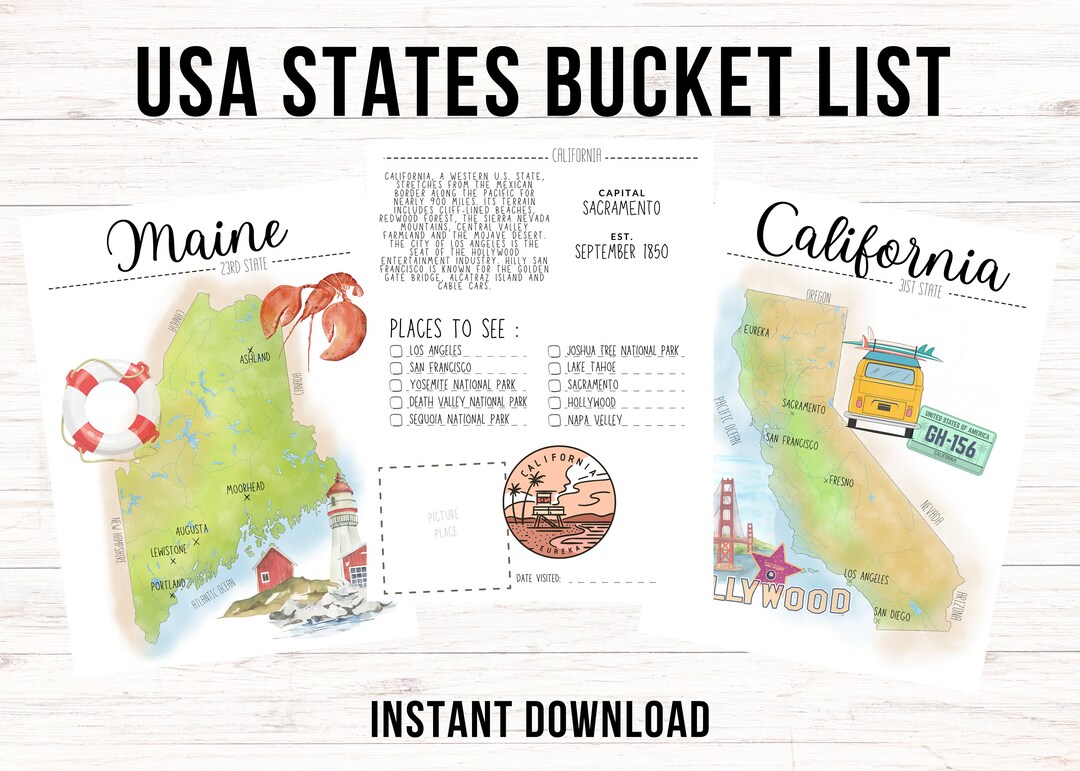 Printable USA States Bucket List With Maps and Checklist US - Etsy