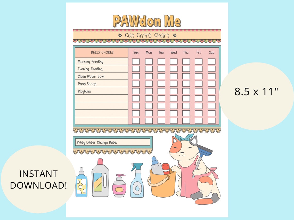 Kitten and Cat Care Chore Chart/ Printable Page/cat Care for Kids ...