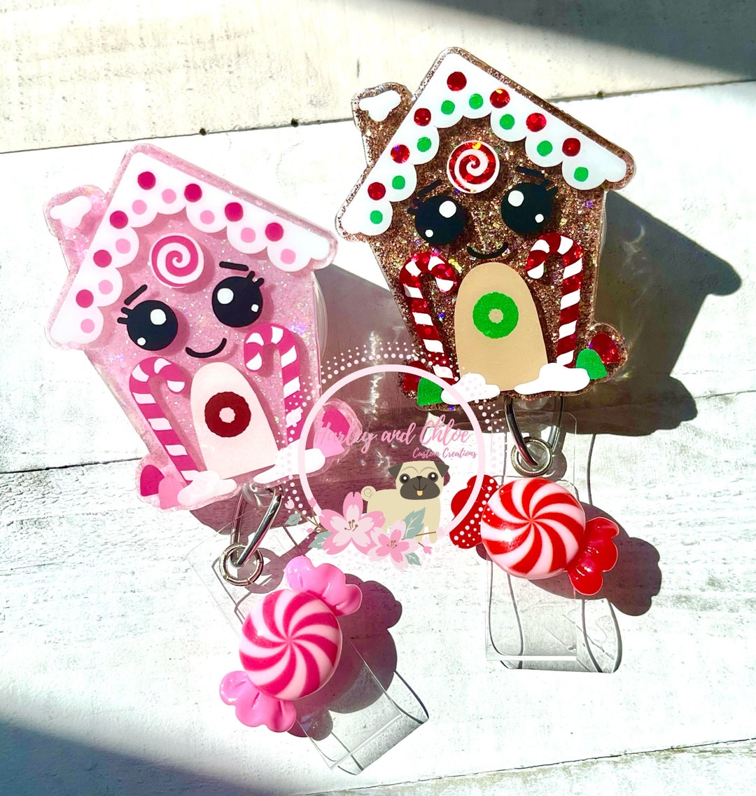 Gingerbread House Badge Reel | Christmas Badge Reel | Pink Gingerbread ...