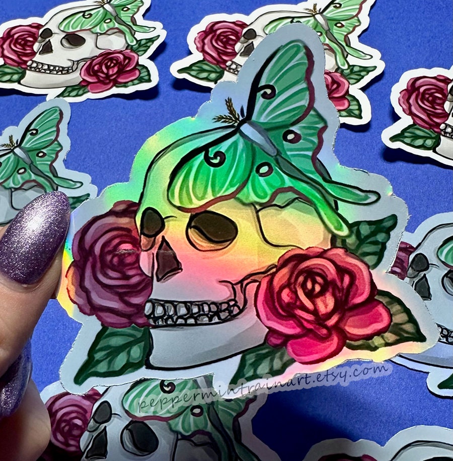 Skull Luna Moth and Roses Original Art 3x3 Inch Die Cut - Etsy