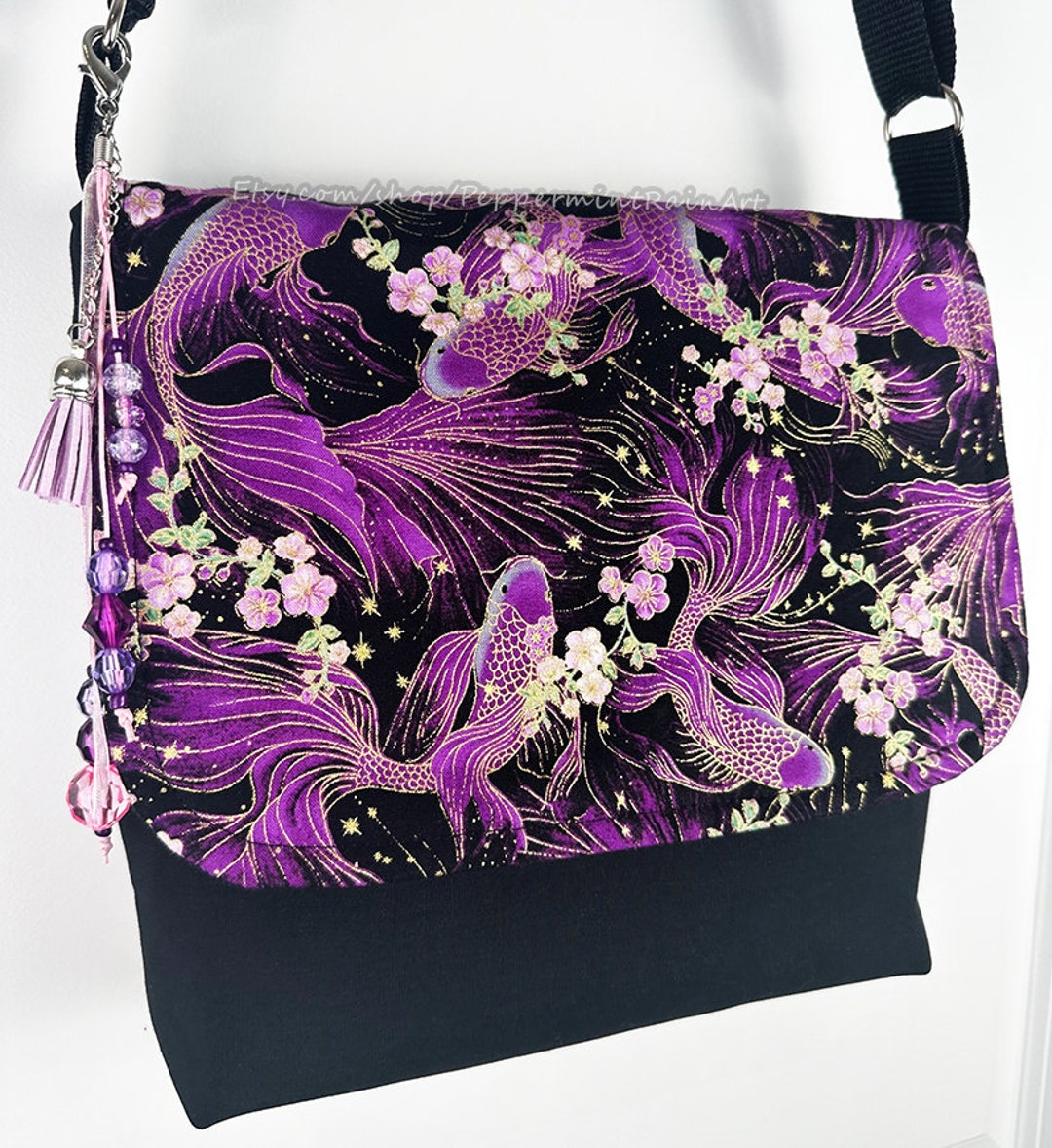 Purple and Metallic Gold Koi Fish Print Messenger Handbag Purse Fabric ...