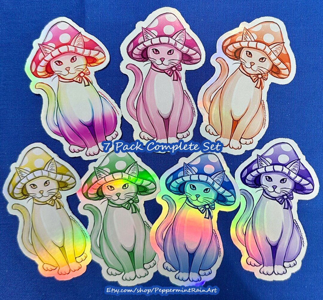 7 Pack Mushroom Fungi Cats Original Art 3.25 Inch Die Cut Vinyl Water ...