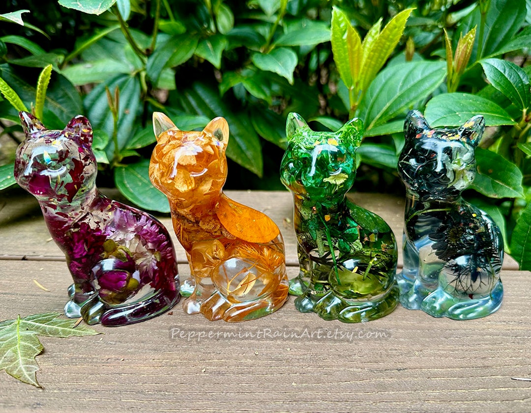 Floral Resin Cat Statue Figurine With Real Dried Flowers 4.25 Inches ...