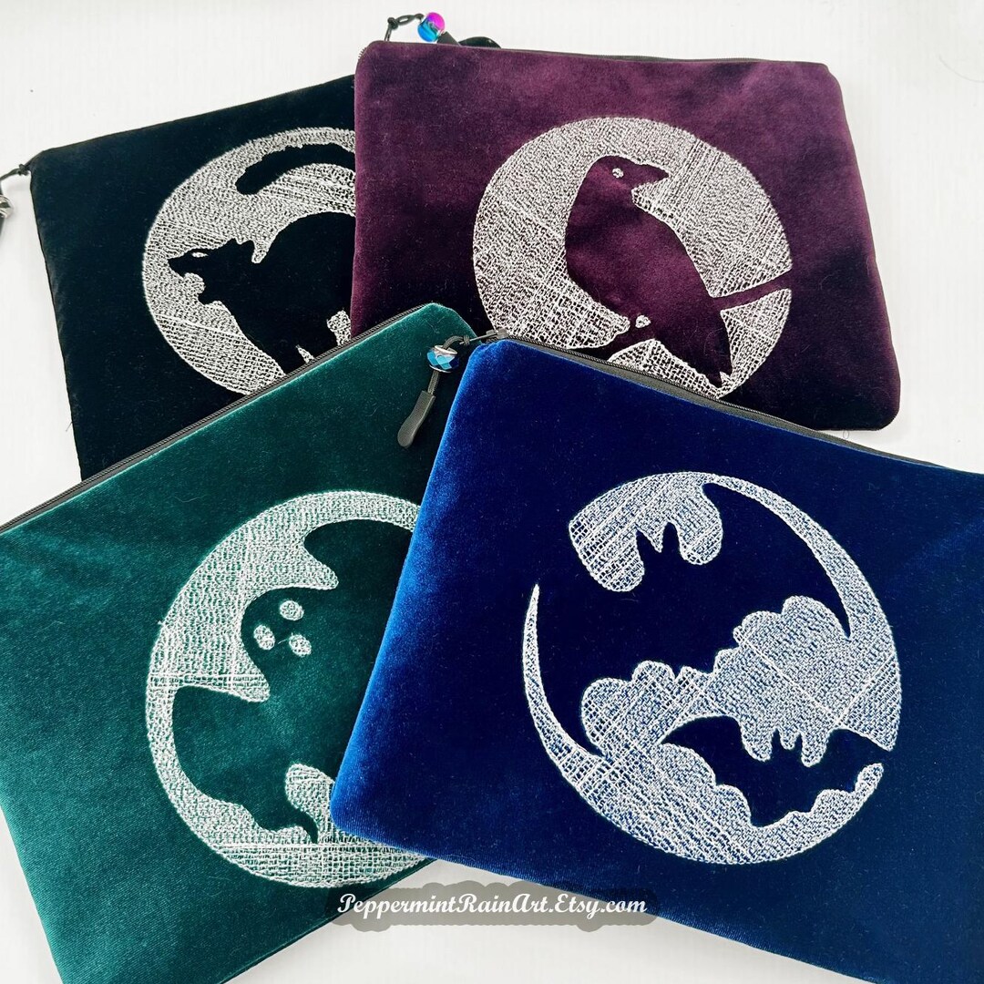 Spooky Ghost, Cat, Raven, Bats Embroidered Velvet Halloween Makeup ...