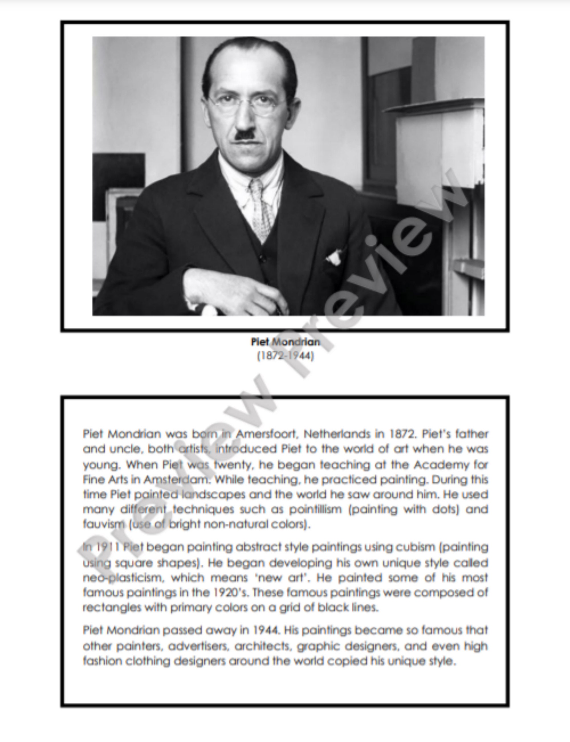 Piet Mondrian Picture Cards • Montessori • Flash Cards • Digital ...