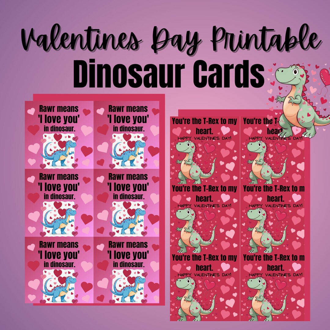 Dinosaur Valentine's Day Printables for Kids Cute and Colorful Cards to ...