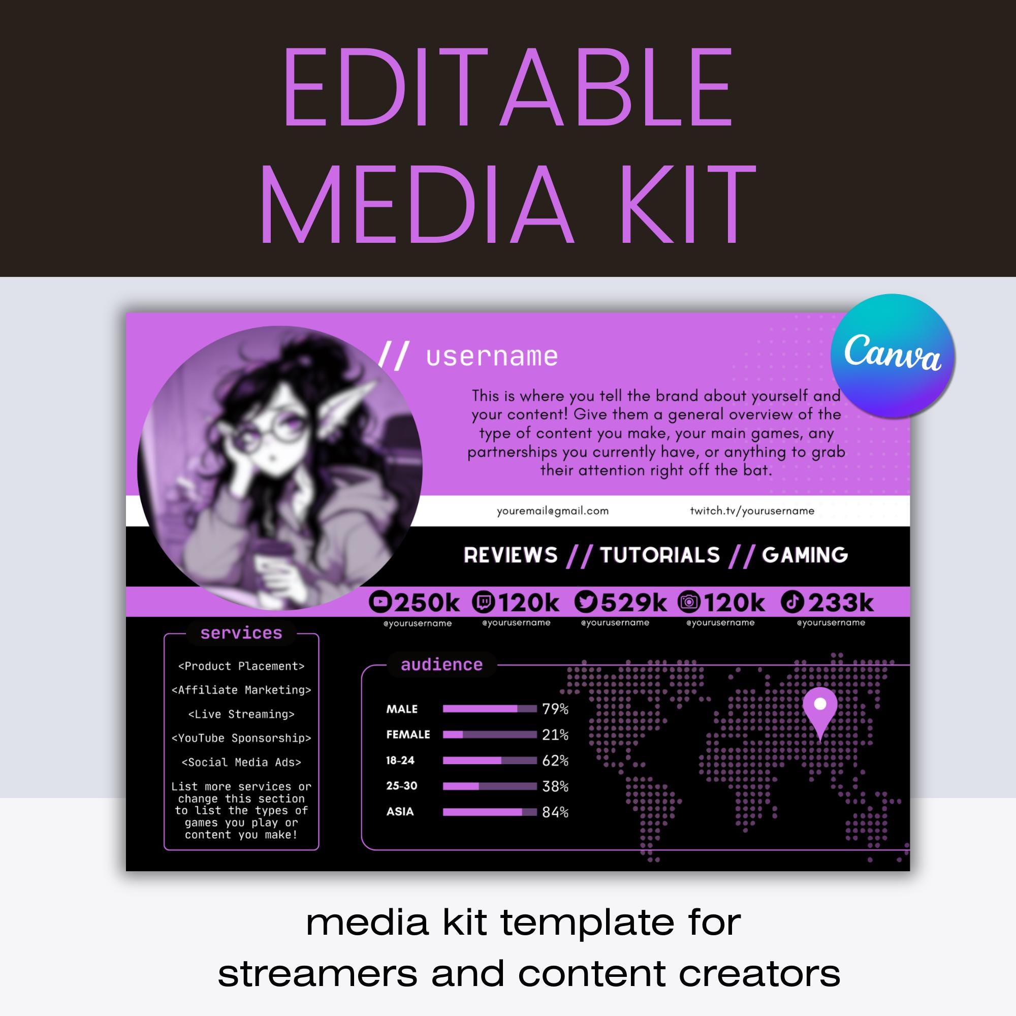 Minimal Twitch Streamer Media Kit Card, Content Creator, Canva Template ...