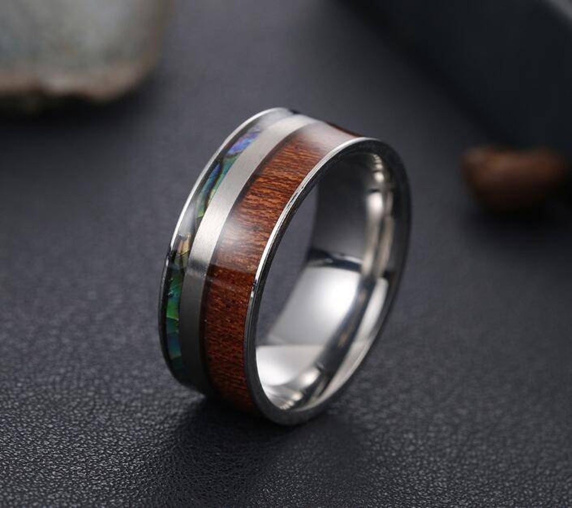 Natural Wood Abalone Shell Inlay Titanium Steel Ring Finger | Etsy