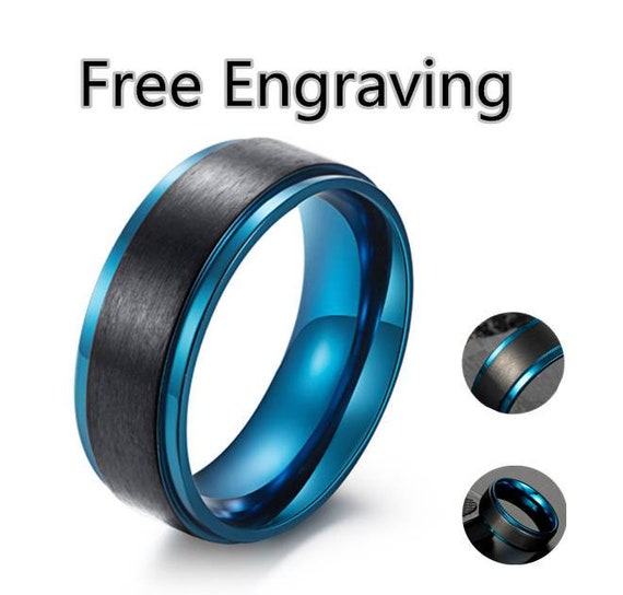 Free Custom Engraved Titanium Steel Men Ring Matte Black Blue | Etsy