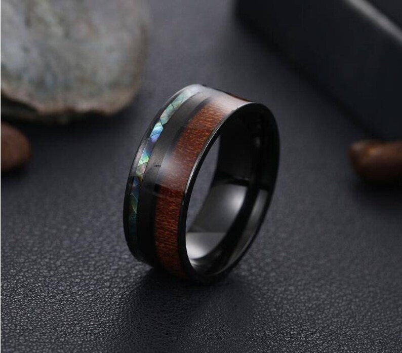 Natural Wood Abalone Shell Inlay Titanium Steel Ring Finger - Etsy