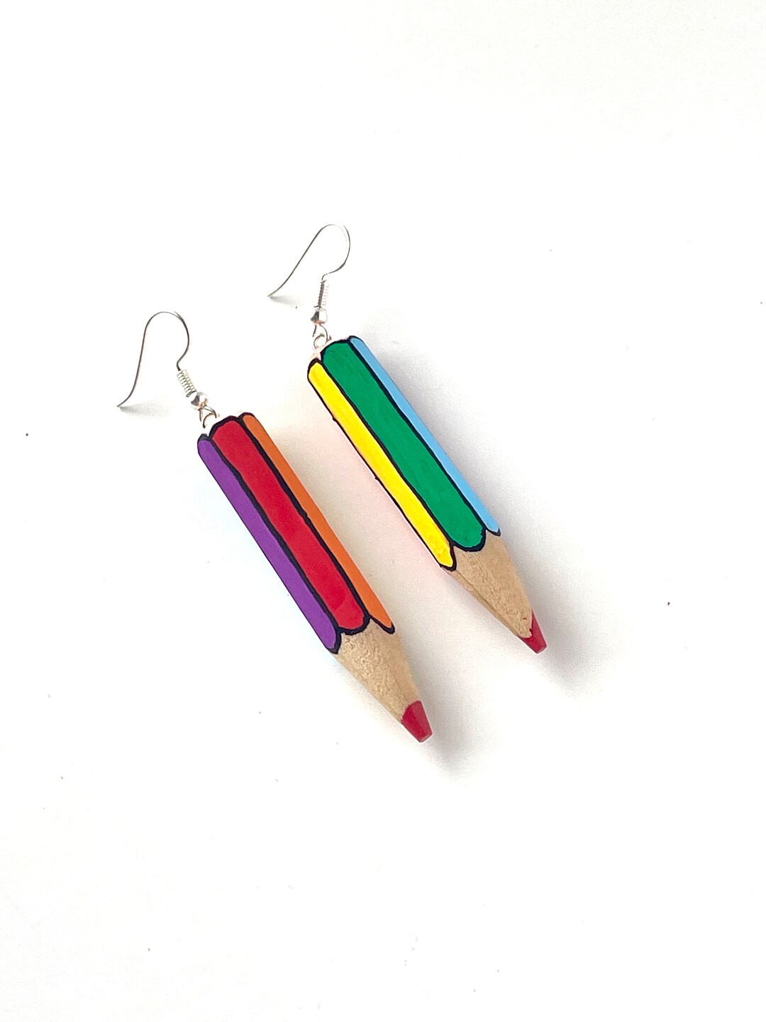 Teacher Cartoon Outline Rainbow Colored Pencil Earrings Real Pencils - Etsy