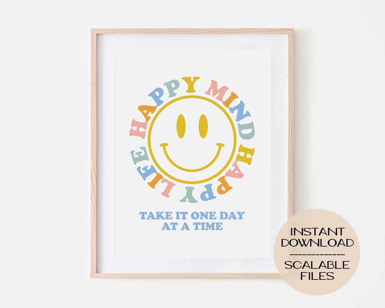 Happy Mind Smiley Face Digital Poster | Wall Art Home Dorm Decor ...