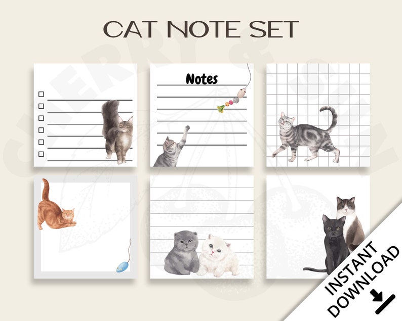 Cat Printable Sticky Notes, Kawaii Stationary, Memo Planner Cards ...