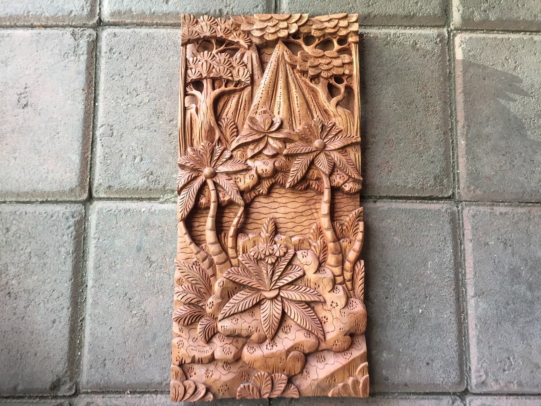 Bali Handmade 2 Wood Coconut Tree Carving 40x20x3.2 Cm Wood Carving ...