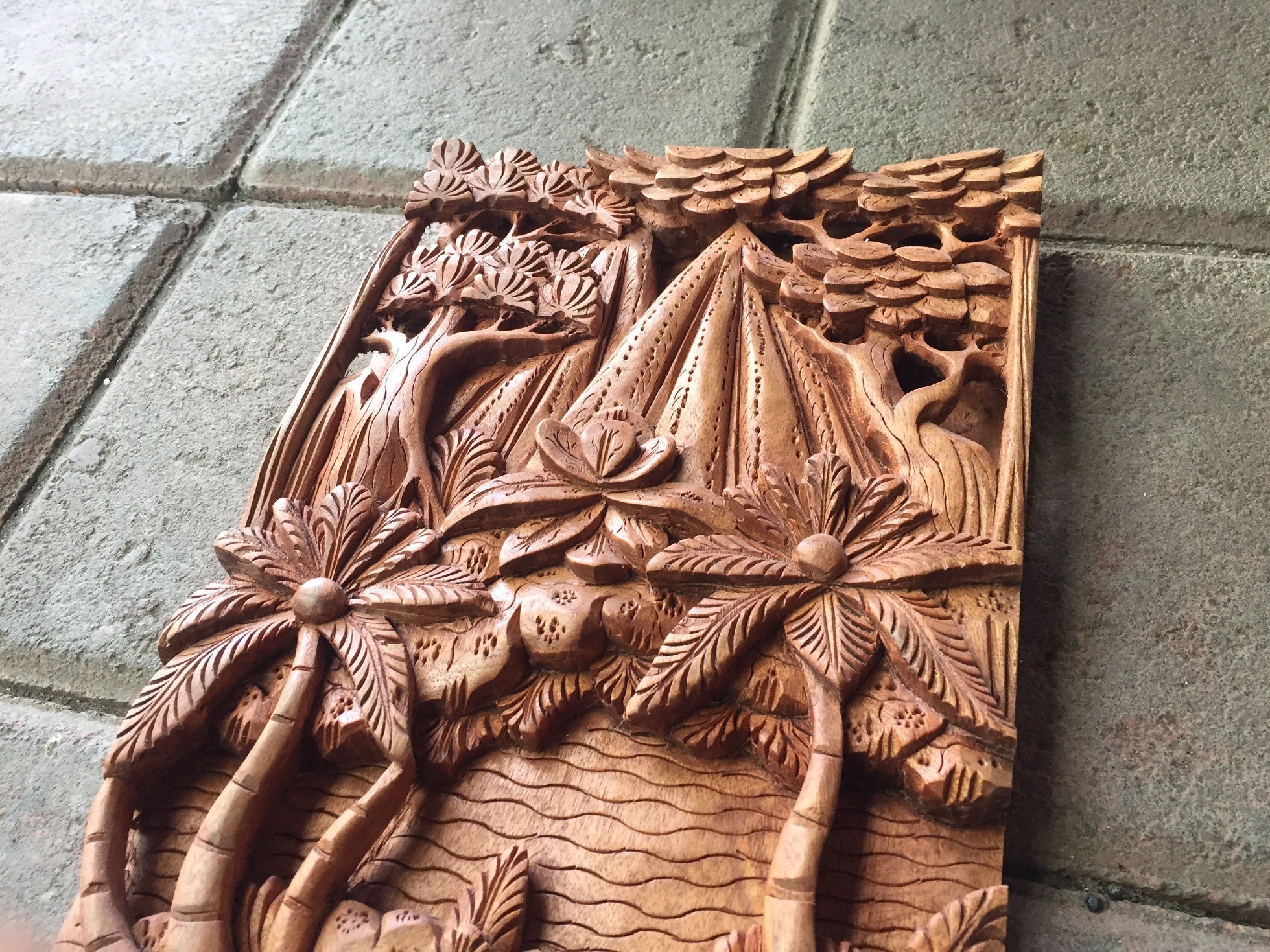 Bali Handmade 2 Wood Coconut Tree Carving 40x20x3.2 Cm Wood Carving ...