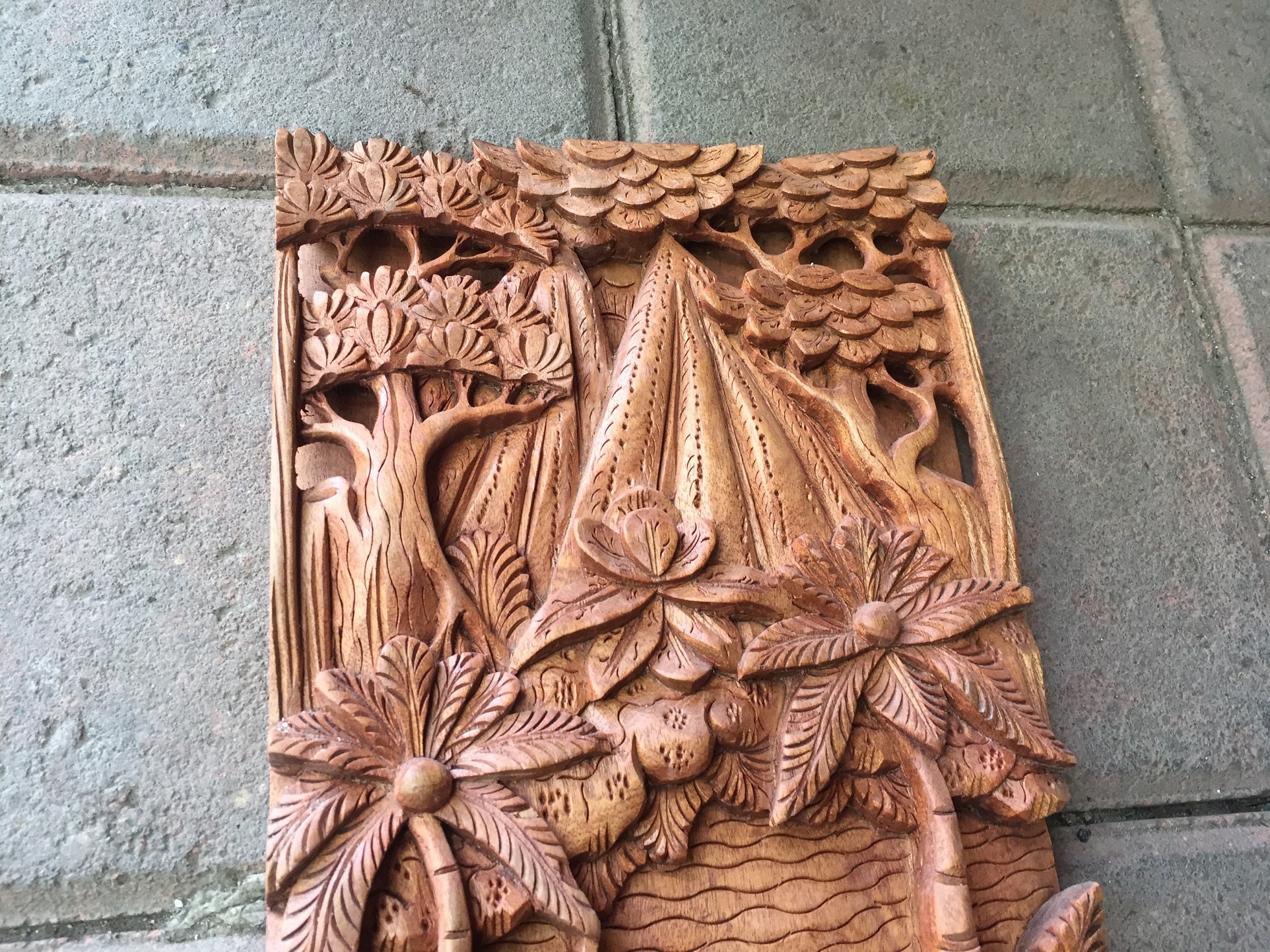 Bali Handmade 2 Wood Coconut Tree Carving 40x20x3.2 Cm Wood Carving ...