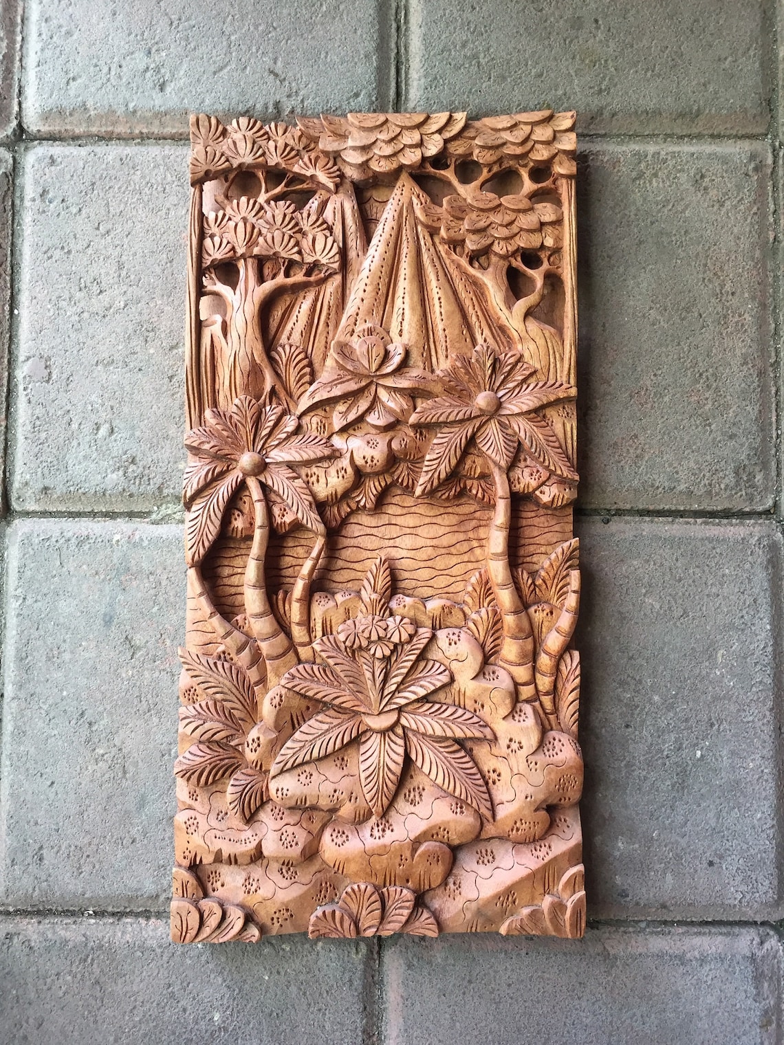 Bali Handmade 2 Wood Coconut Tree Carving 40x20x3.2 Cm Wood Carving ...