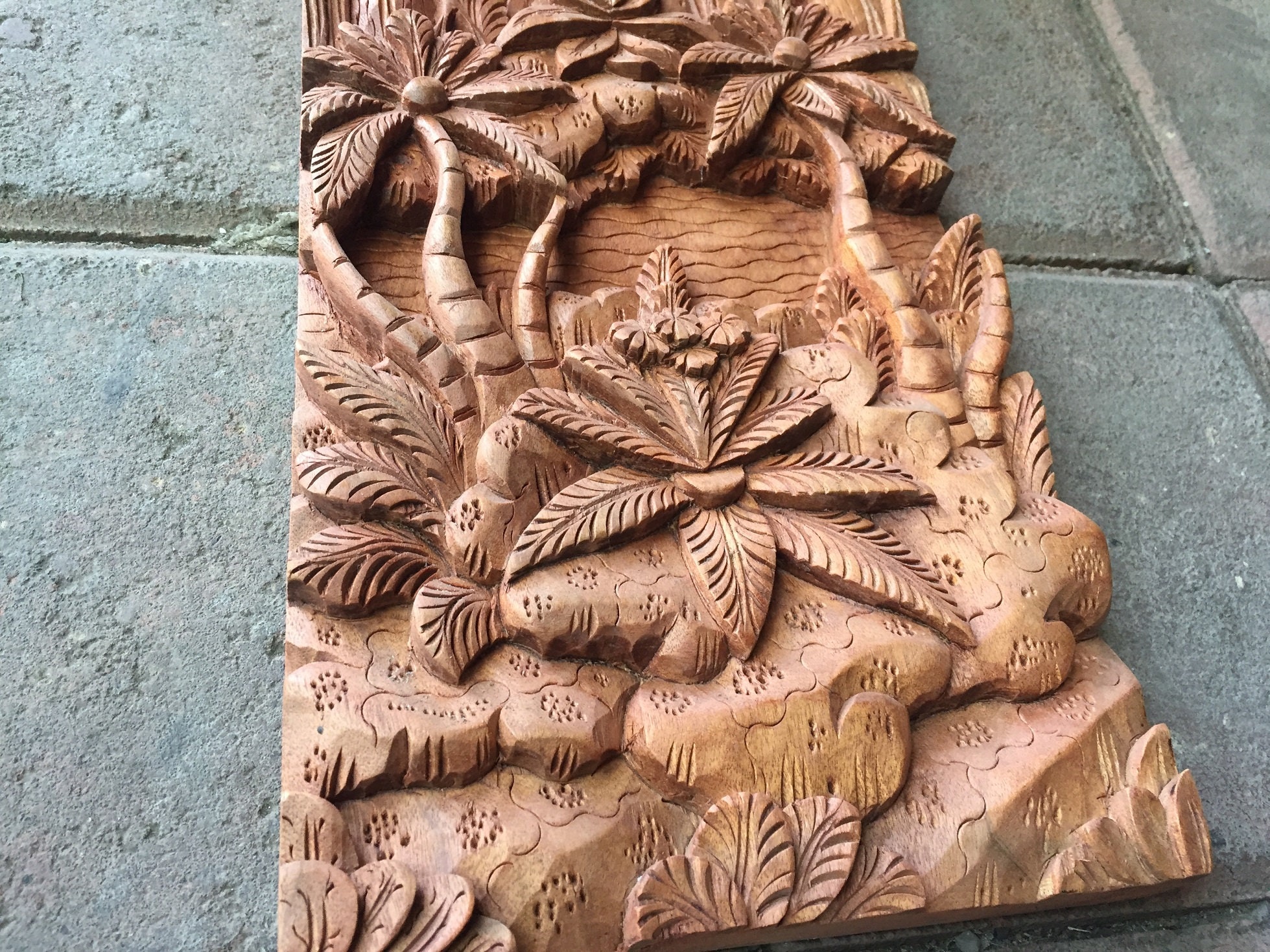 Bali Handmade 2 Wood Coconut Tree Carving 40x20x3.2 Cm Wood Carving ...