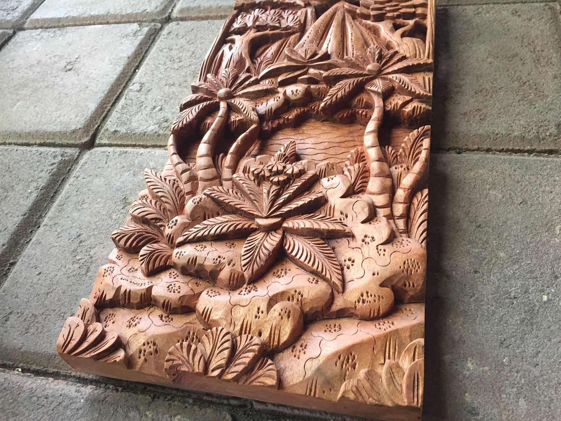 Bali Handmade 2 Wood Coconut Tree Carving 40x20x3.2 Cm Wood Carving ...