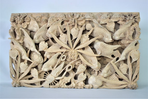 Relief Carving Sea Creatures Block Sea Turtle Carved Wood