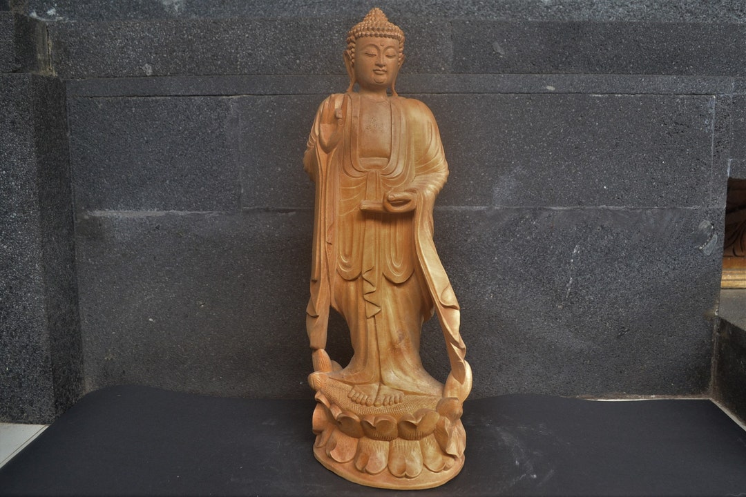 Standing Buddha Statue, Wooden Protection Figurine, Zen Spiritual ...