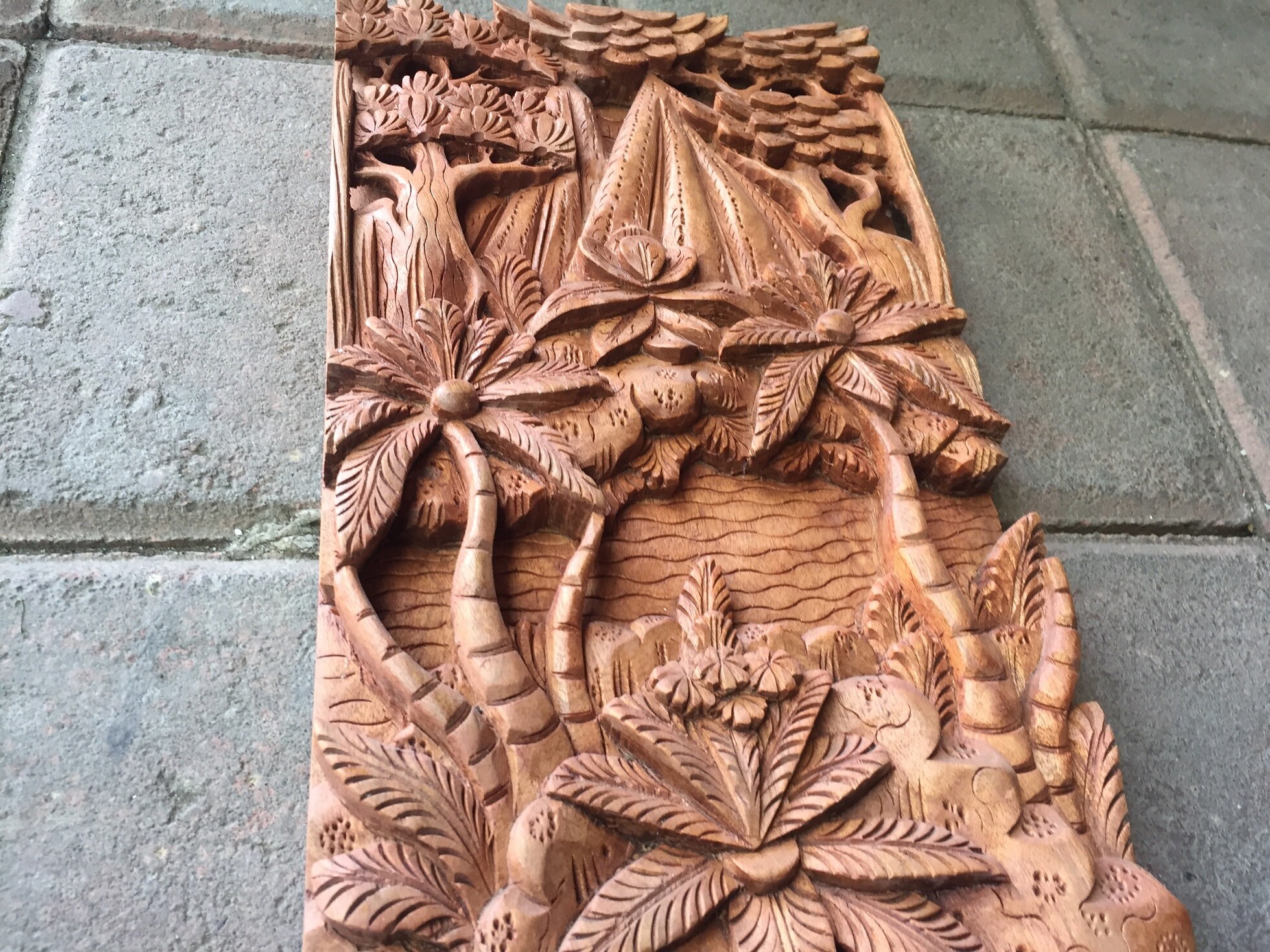 Bali Handmade 2 Wood Coconut Tree Carving 40x20x3.2 Cm Wood Carving ...