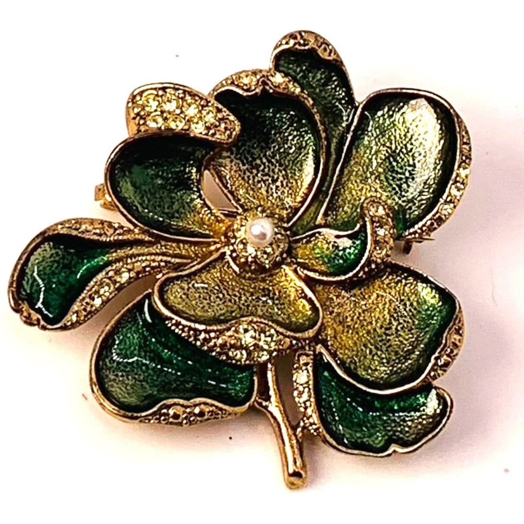 MONET Flower Brooch Gold Tone Green Enamel Rhinestones Signed Vintage ...