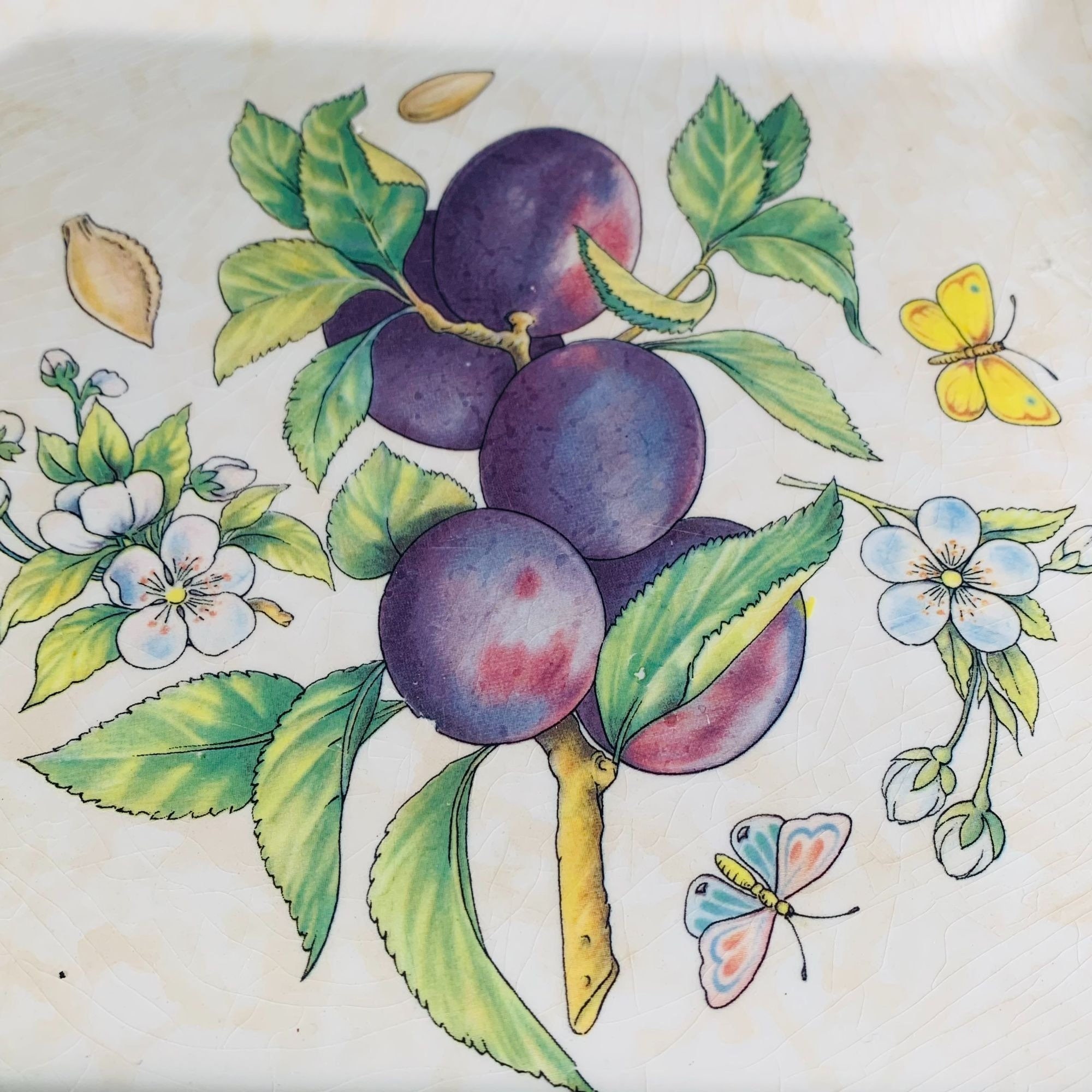 FORTUNOFF Ceramic Platter Plums Leaves Flowers Butterflies Square Italy ...
