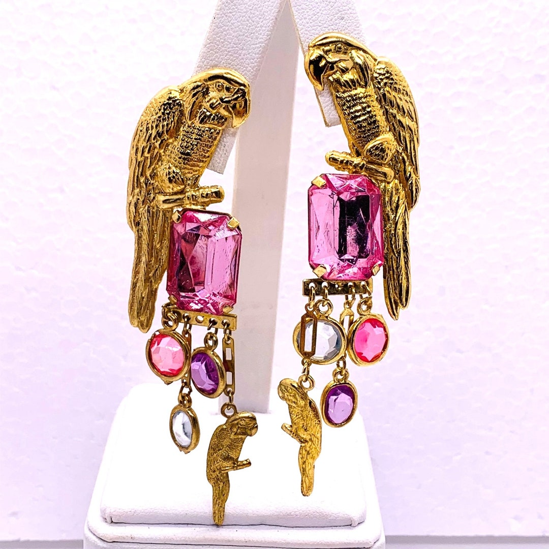 Vintage Parrot Parakeet Earrings Pierced Hanging Rhinestones Charms ...