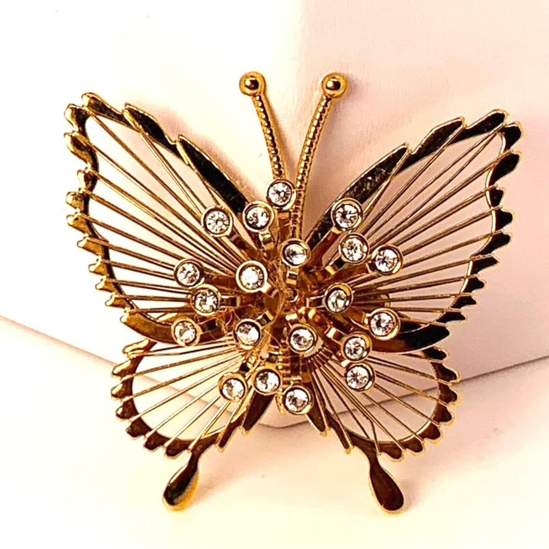 Vintage MONET Butterfly Brooch With Rhinestones Gold Tone Setting ...