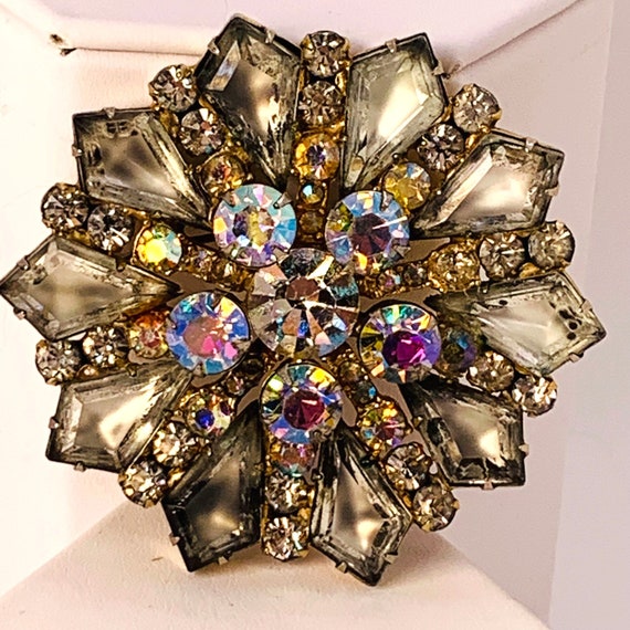 Vintage Large Brooch Rhinestones Aurora Borealis Gold… - Gem