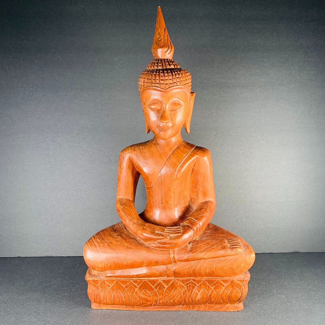Polished Wood Seated Buddha Statue Dhyana Mudra Serene Sitting Carved ...
