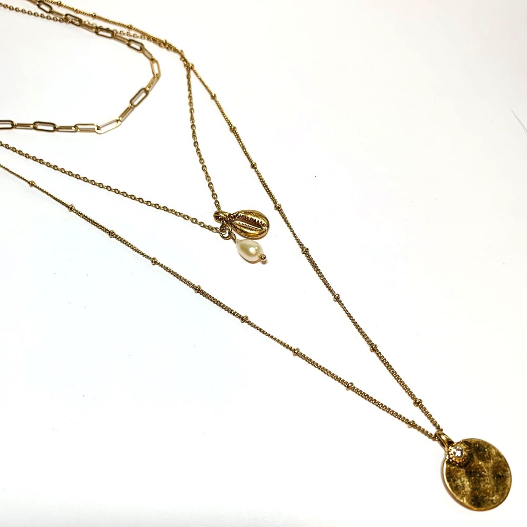 Three Strand Multi Level Gold Tone Necklace Shell Pearl Crystal 1006 - Etsy