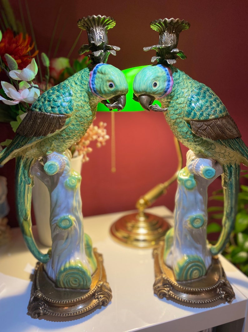 Vintage Pair of Candlestick Candlesticks Parrot Porcelain Sculpture ...