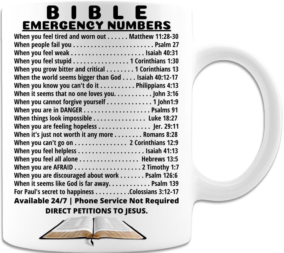 Emergency Bible Numbers Coffee Mug, Bible Mug, Memory Verses, Religious ...