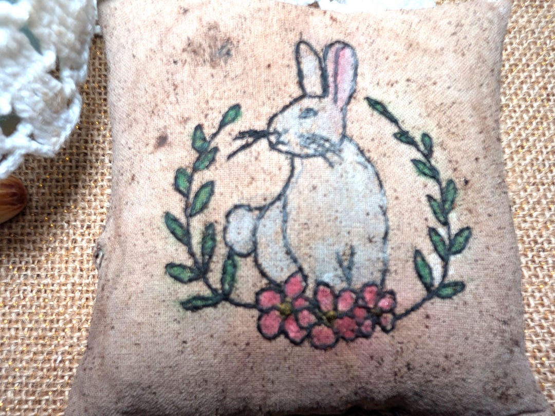 Hand Embroidered Bunny Pillow Home Decor, Handmade Primitive Rabbit ...