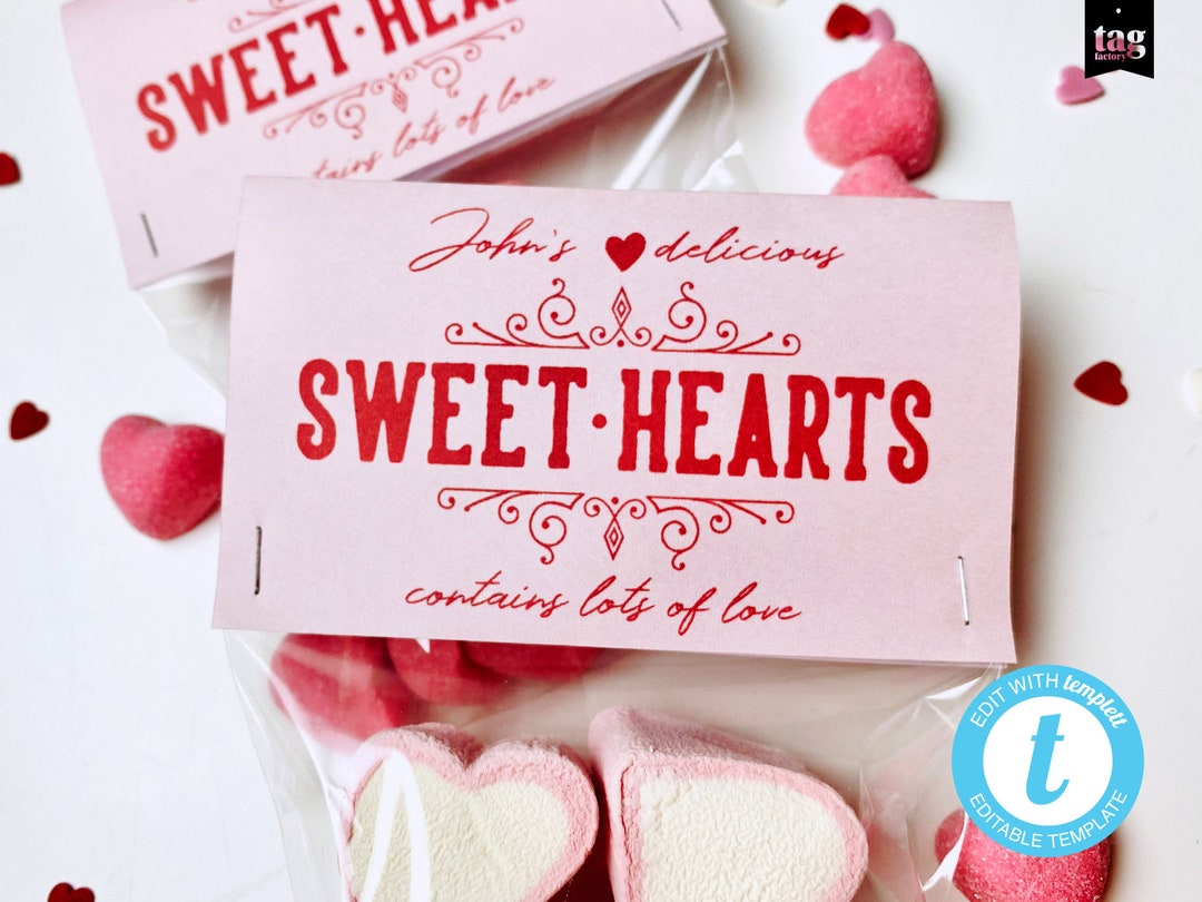 Valentine Day Sweets Bag Topper Personalise Love Treat SWEET HEARTS ...