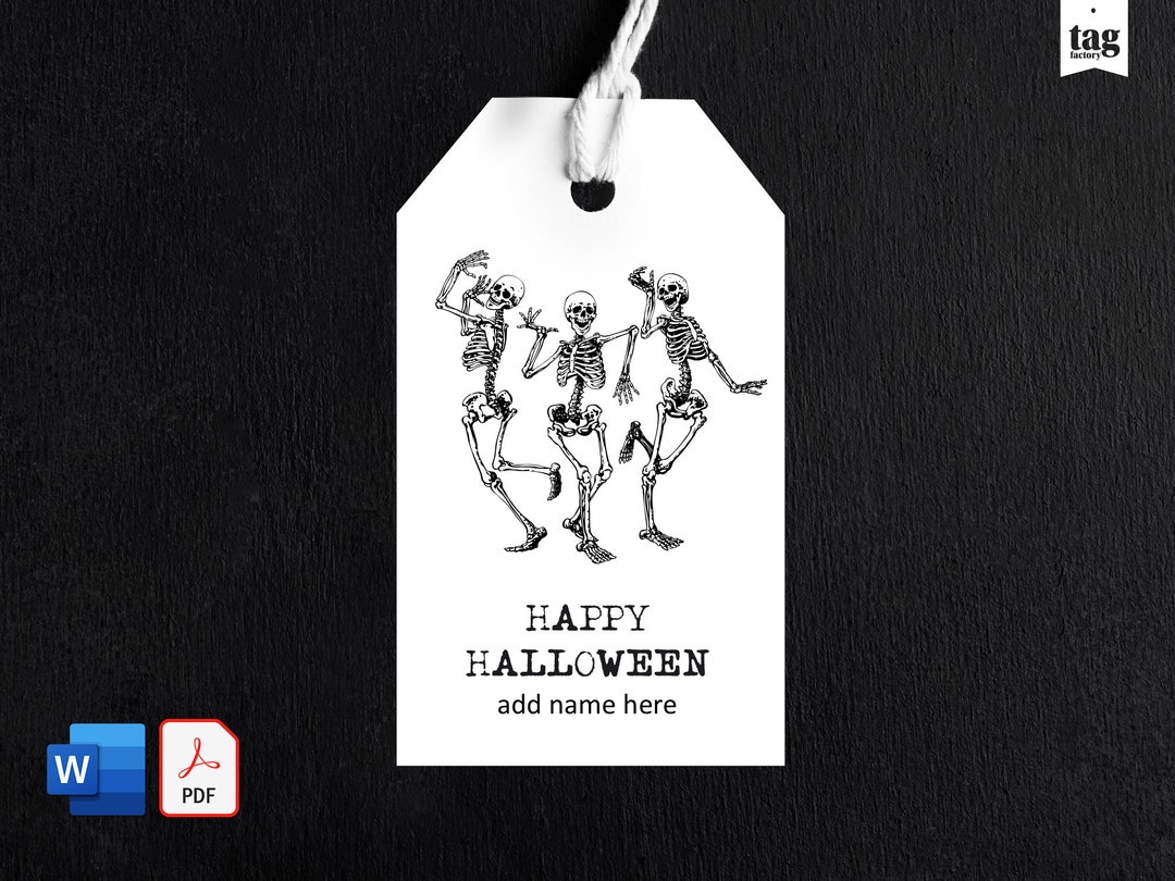 Halloween Skeletons Gift Tag Printable, Editable Horror Party Favor Skeleton Treat Tag, Digital ...