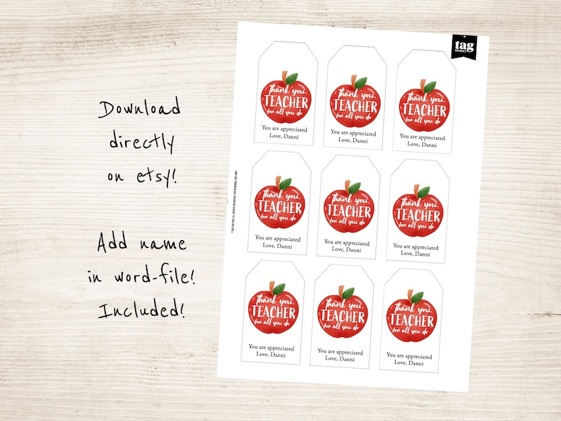 Thank You TEACHER Apple Gift Tag Printable, Teacher Appreciation Thank ...