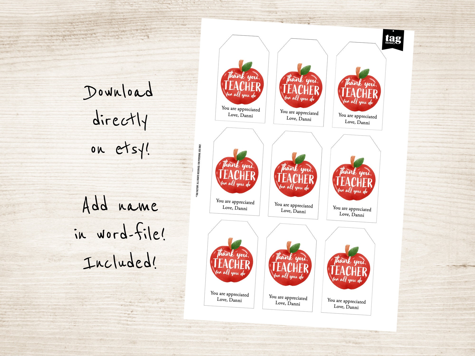 Thank You TEACHER Apple Gift Tag Printable, Teacher Appreciation Thank ...