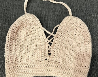 Triangle Bra Crochet Halter Top With Criss Cross Adjustable Drawstring ...