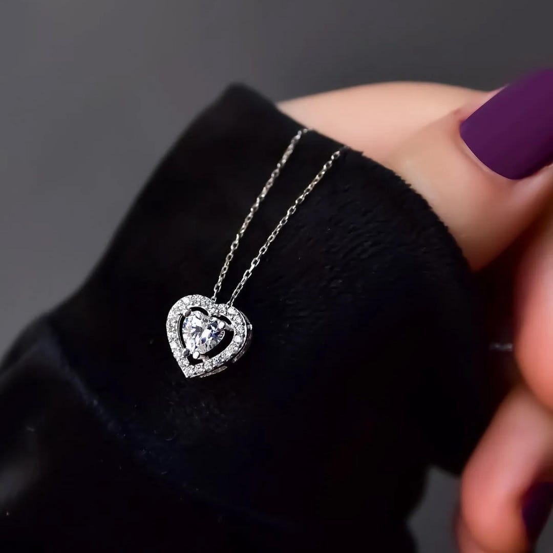 Sterling Silver Diamond Heart Necklace, Dainty Crystal Pendant ...