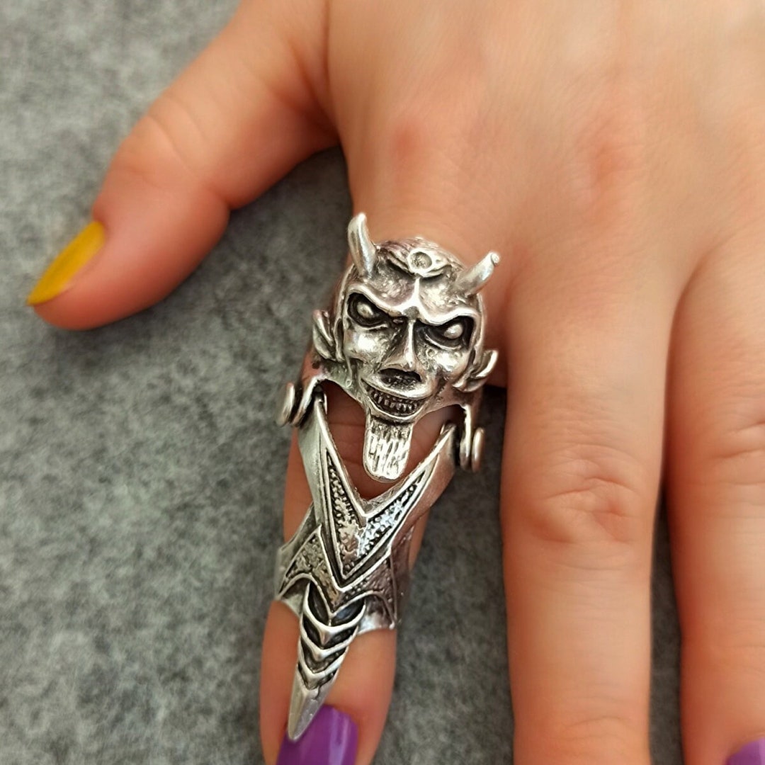 Gothic Demon Ring • Silver Devil Horns Ring • Adjustable Punk Ring ...