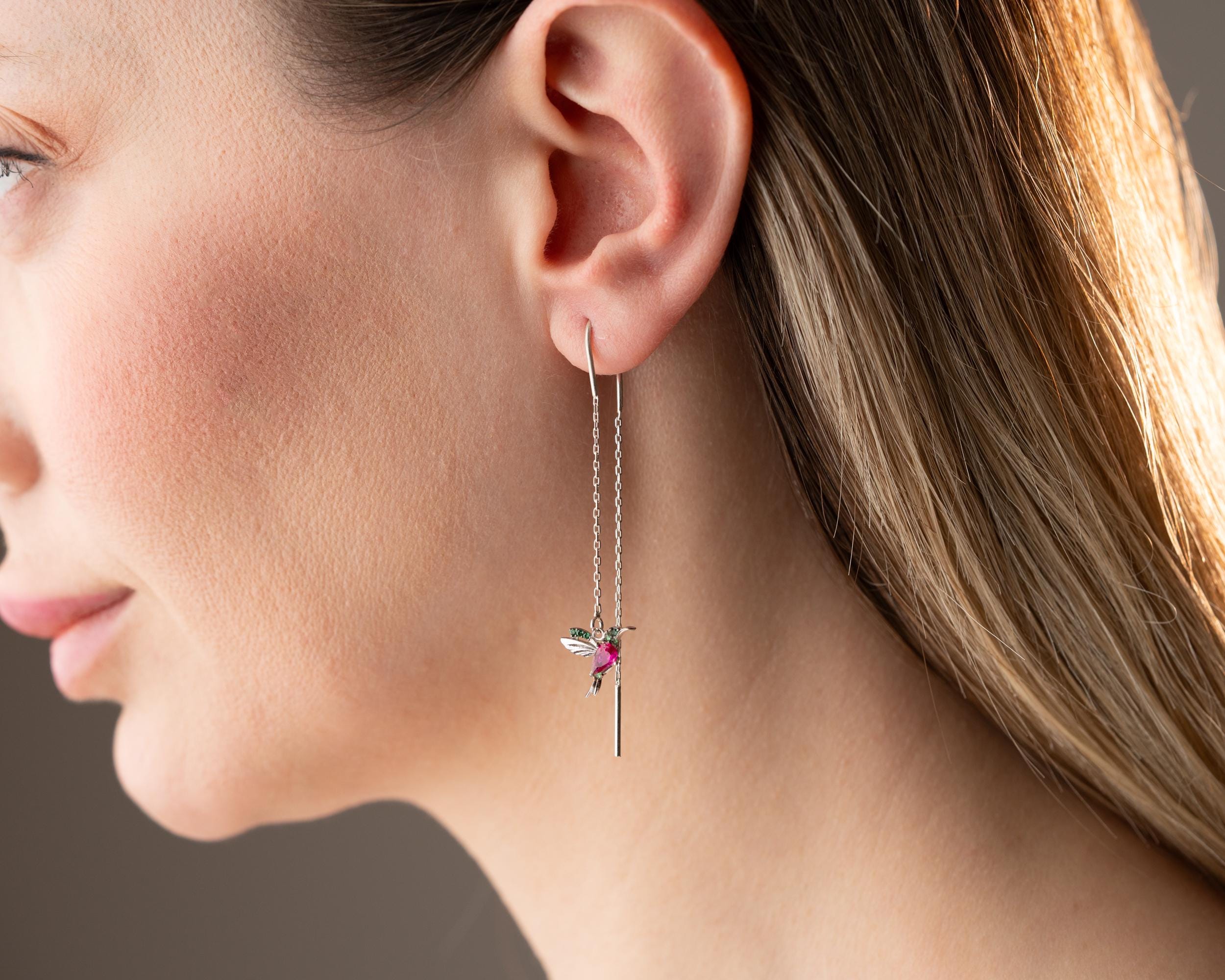 Sterling Silver Hummingbird Threader Earrings | Emerald Accent Bird ...