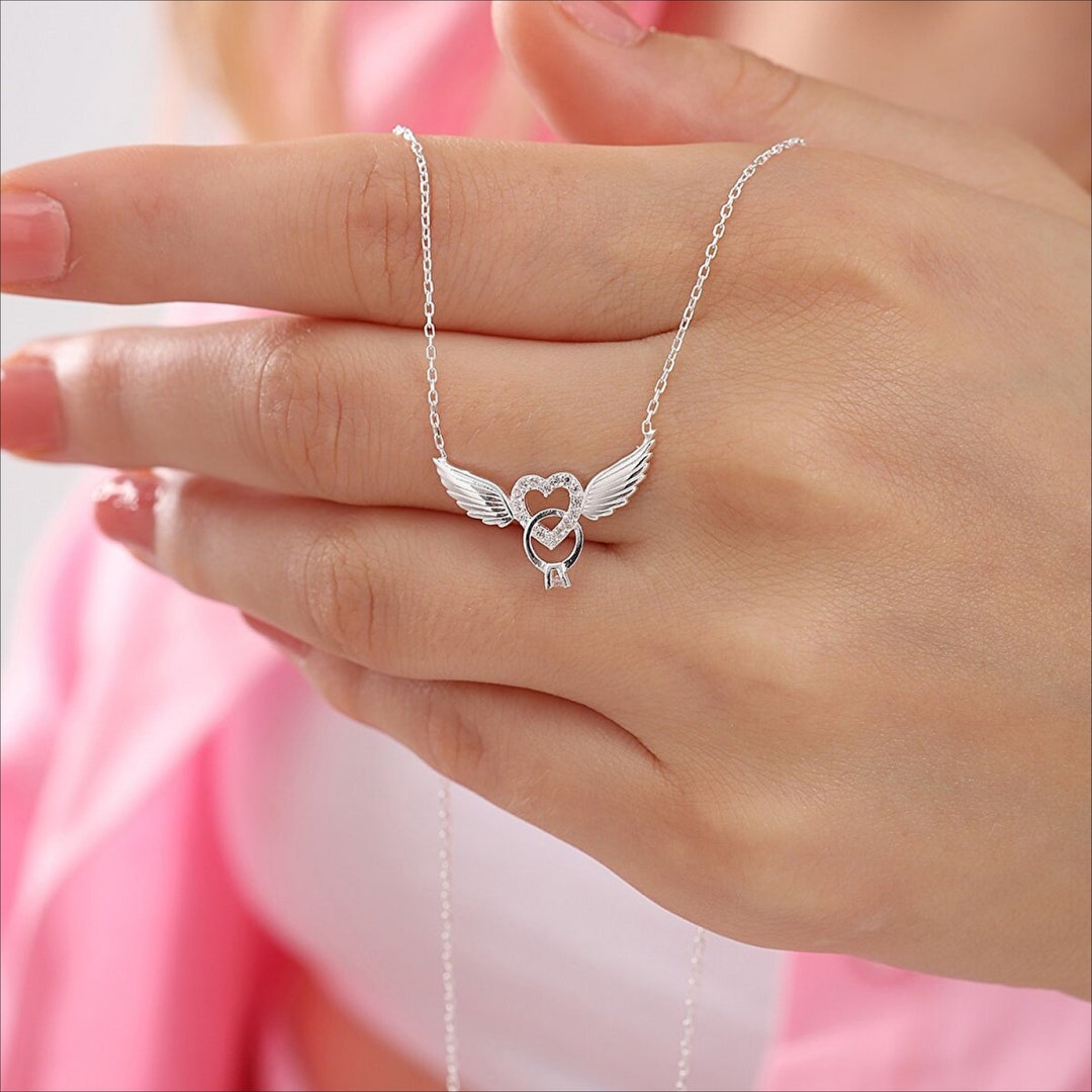 Sterling Silver Angel Wings Heart Solitaire Necklace - 16” Chain - Etsy