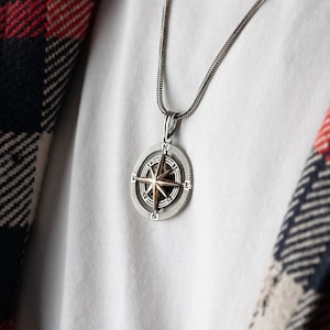 Men Compass Necklace Engraved Compass Silver Necklace Compass Mens ...