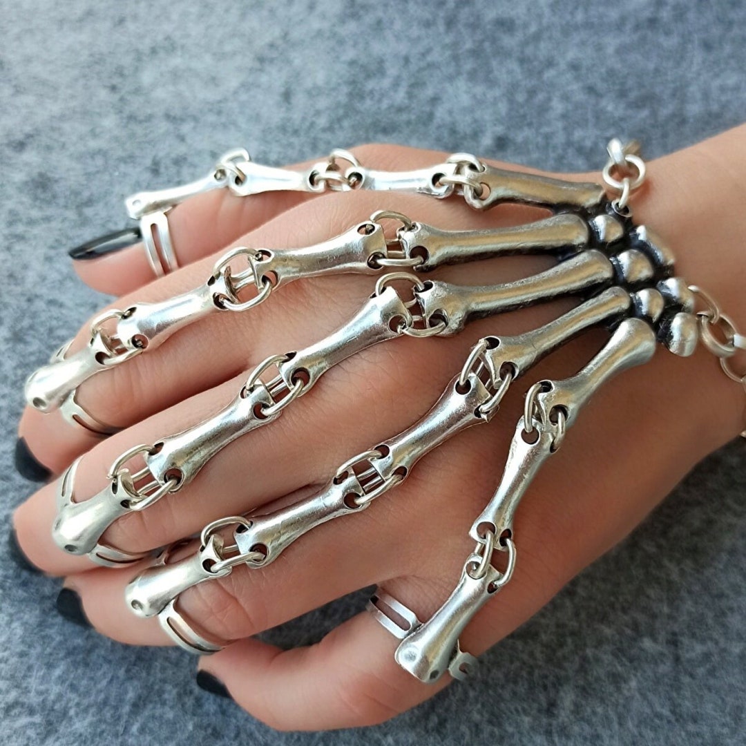 Gothic Skeleton Hand Bracelet: Silver Plated Punk Cosplay Jewelry - Etsy